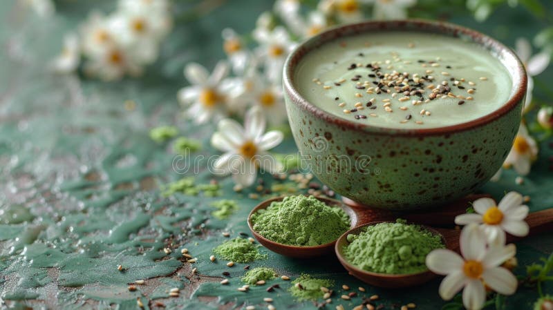 Matcha Green Tea with Sesame Seeds in a Rustic Setting - Generative Ai ...