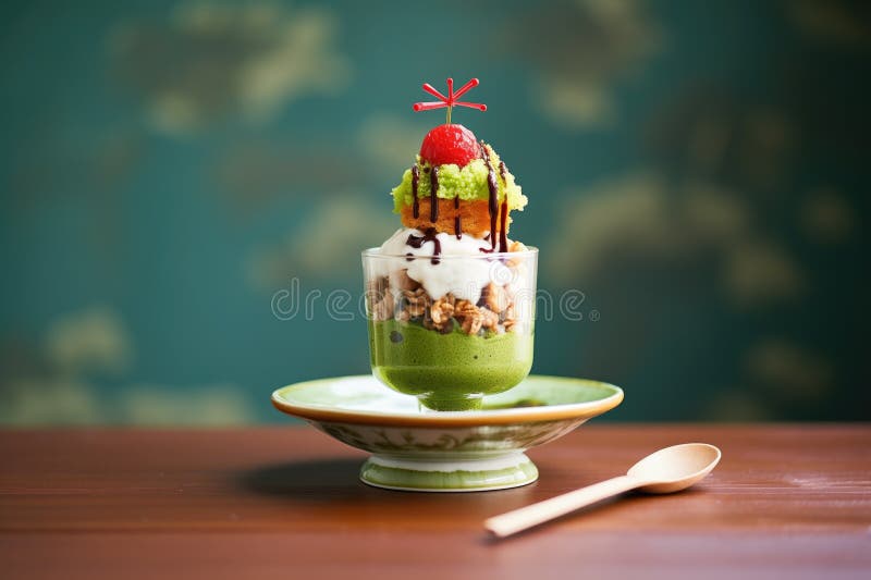 Matcha Green Tea Sundae with Red Bean Paste Stock Image - Image of ...