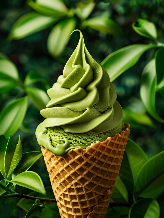 Matcha Ice Cream Cone with Green Leaves Stock Image - Image of cone ...