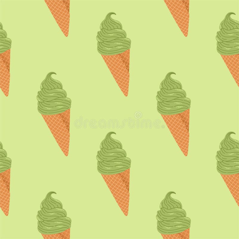 Matcha Ice Cream Seamless Pattern on Green Matcha Background, Vector ...