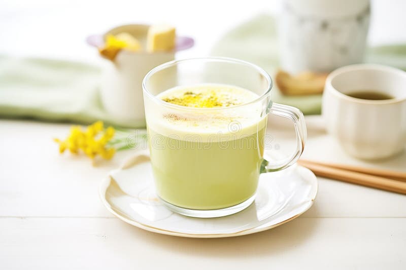 Matcha Latte in a Clear Mug, Layered Milk and Matcha Visible Stock ...