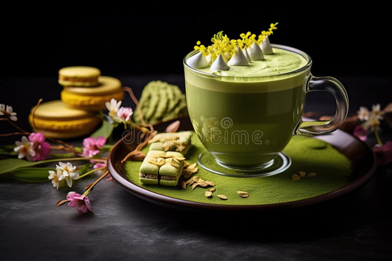 Matcha Latte with Complementary Snacks or Desserts Stock Photo - Image ...