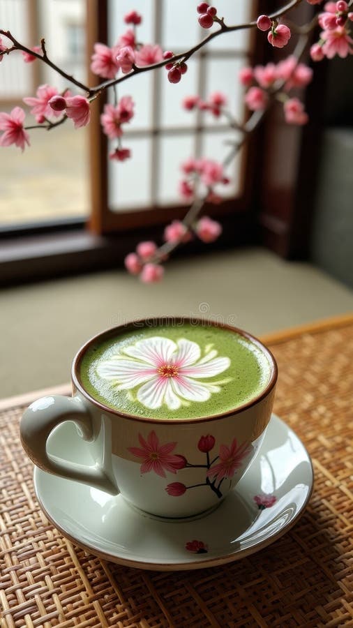 Matcha Latte with Floral Art in Cherry Blossom Themed Cup and Decor ...