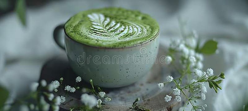 Matcha Latte with Flower Decoration Stock Illustration - Illustration ...