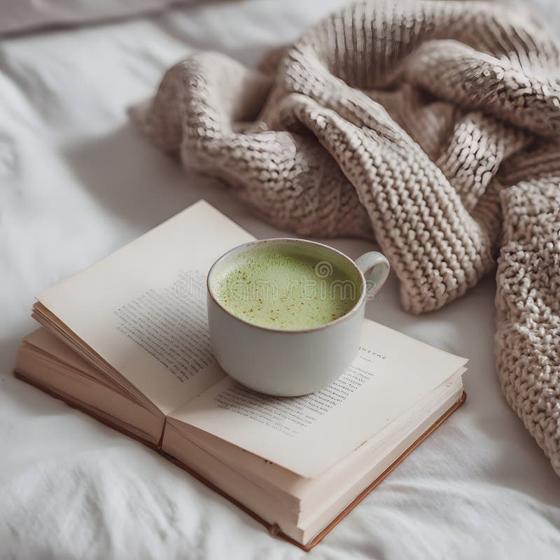 Matcha Latte on Open Book with Cozy Blanket Stock Illustration ...