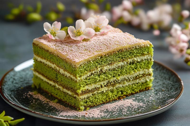 Matcha Layer Cake with Cherry Blossoms on Ceramic Plate Stock Image ...