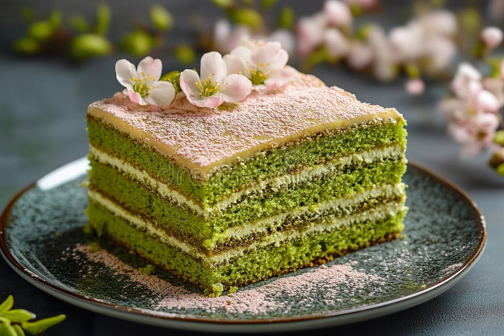 Matcha Layer Cake with Cherry Blossoms on Ceramic Plate Stock Image ...