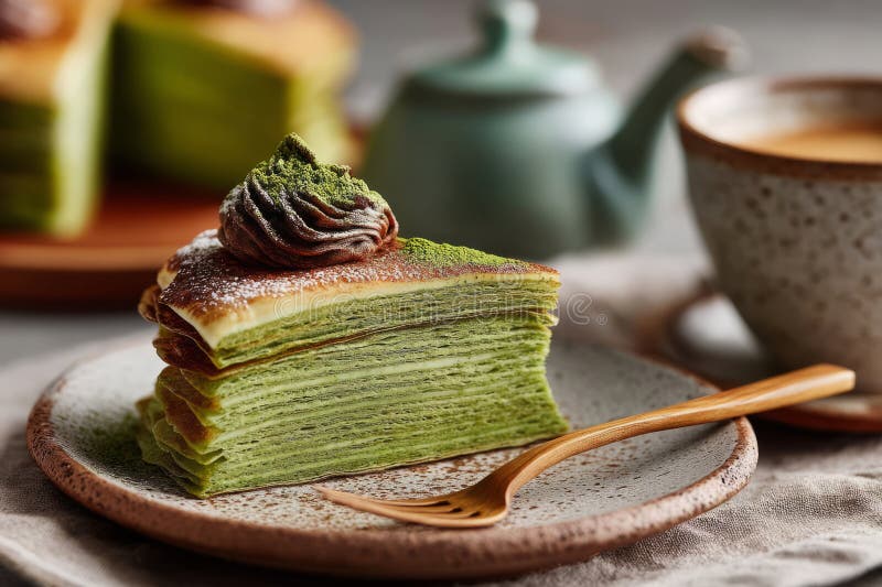 Matcha Mille Crepe Cake Slice on Ceramic Plate with Fork Stock Image ...
