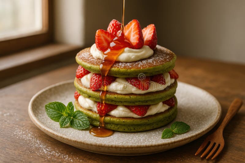 Matcha Pancake Stack with Cream, Strawberries, and Dripping Syrup Stock ...