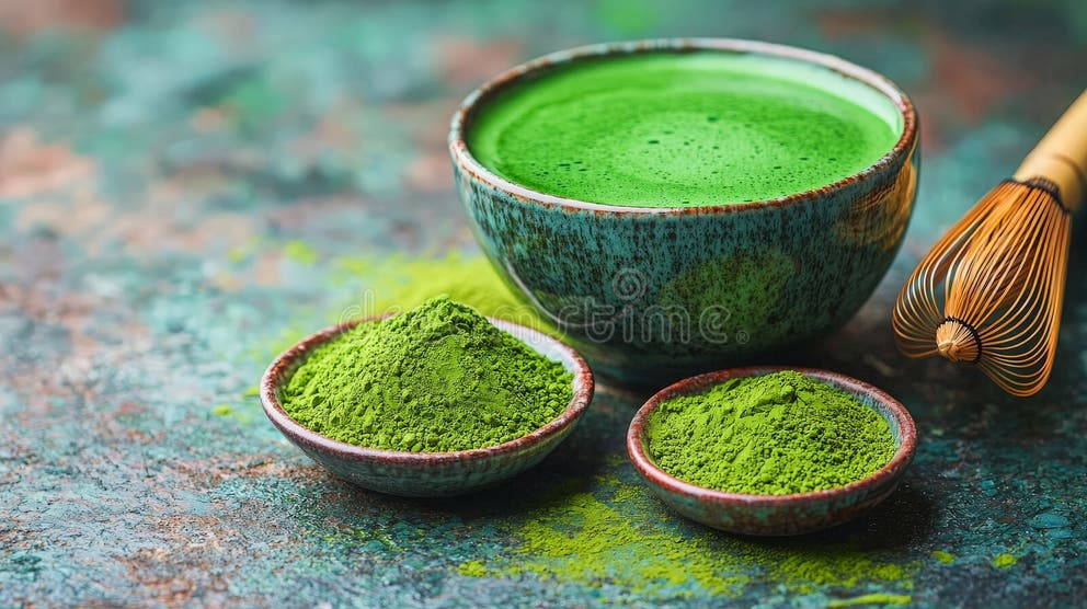 Matcha Powder, Bowl, and Whisk on Textured Surface Stock Image - Image ...