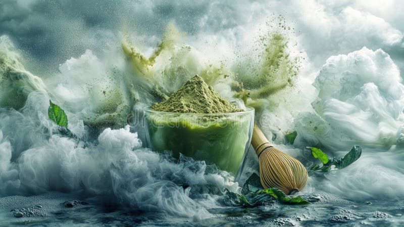Matcha Tea Powder with Bamboo Whisk and Smoke Stock Illustration ...
