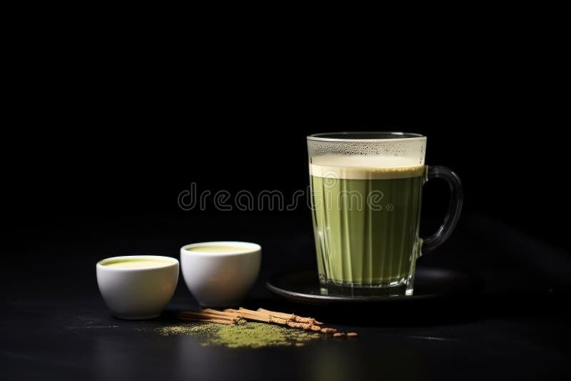 Matcha Powder and Hot Matcha Latte on a Black Background Stock Photo ...