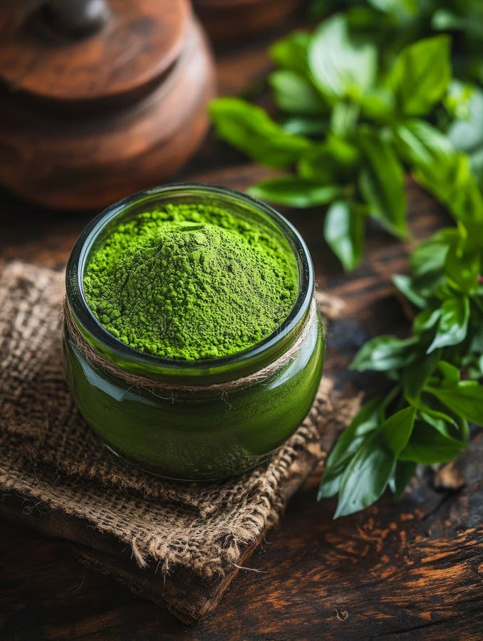 Matcha Powder in a Jar with Fresh Green Leaves. Stock Image - Image of ...