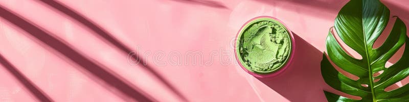 Matcha Powder on Pink Background with Leaf and Shadows Stock ...