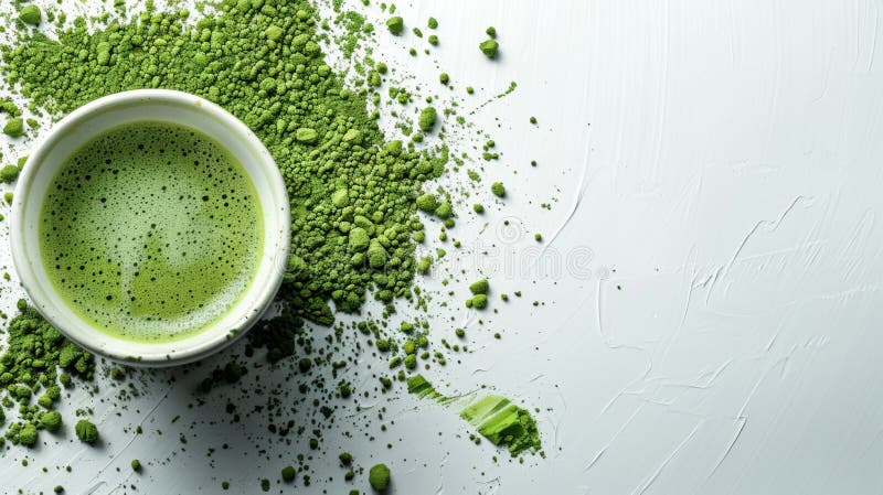 Matcha Powder Spilled from a Cup on a White Table Forming an Abstract ...
