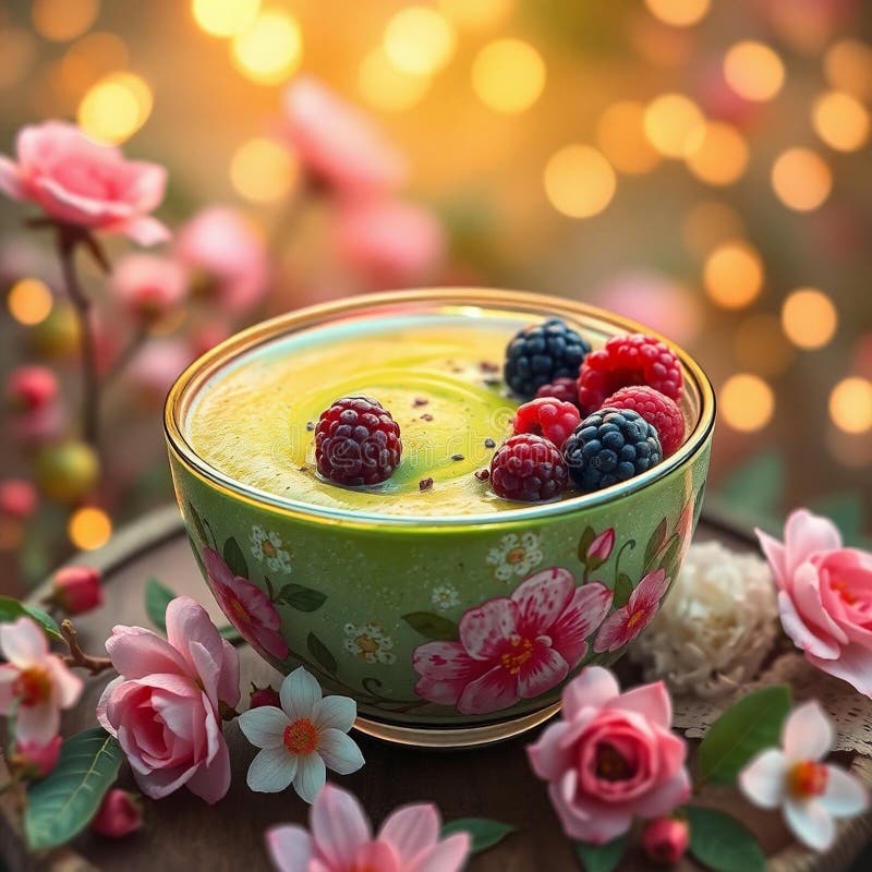 Matcha Raspberry Smoothie Bowl Stock Illustration - Illustration of ...