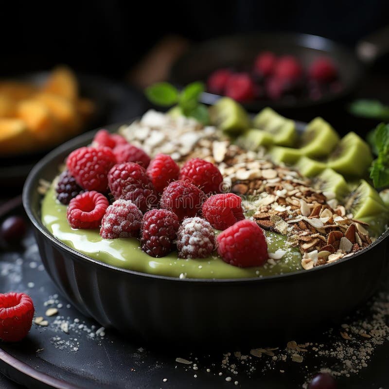 Matcha Smoothie Bowl with Fruit and Granola Stock Illustration ...