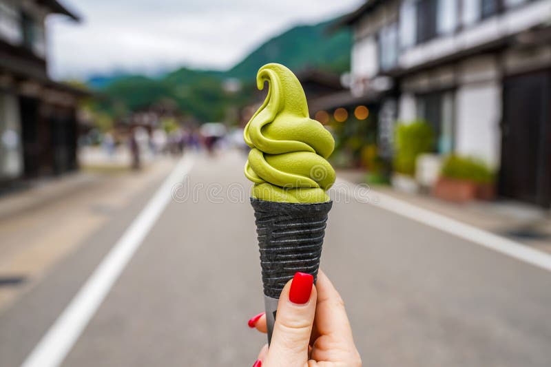 Matcha soft ice cream cone stock image. Image of gelato - 345146385