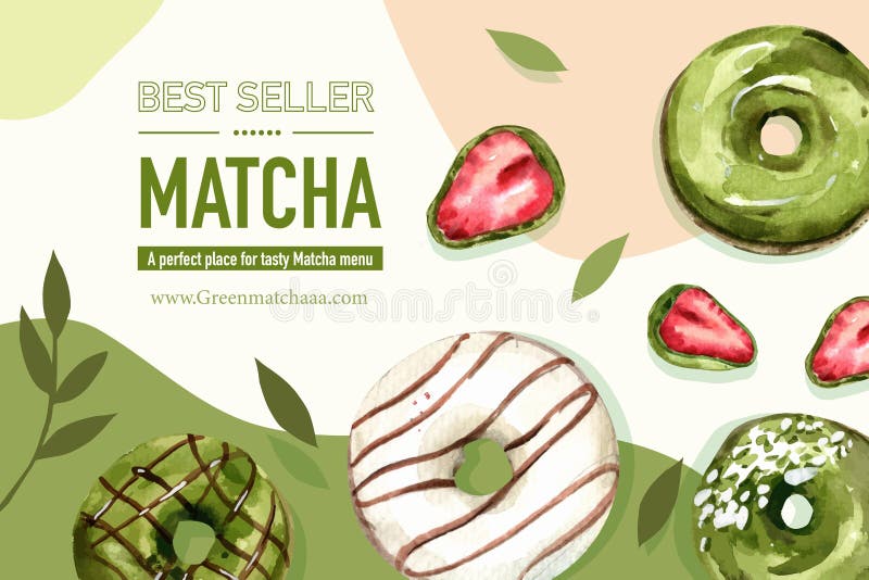 Matcha Sweet Frame Design with Donut Watercolor Illustration Stock ...