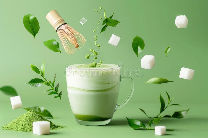 Refreshing Matcha Tea with Floating Green Leaves for Wellness and ...