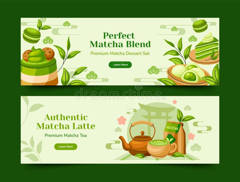 Matcha Tea Banners in Flat Design Stock Illustration - Illustration of ...