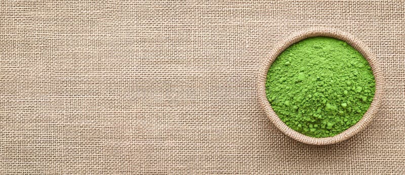 Matcha Tea Bowl with Fresh Powder on a Rustic Burlap Background ...