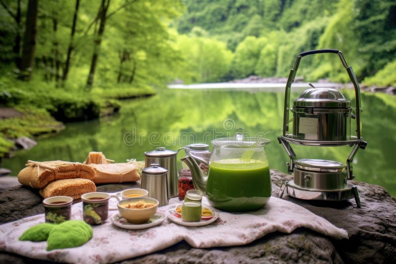Matcha Tea Brewing Process with Picnic Setup Near a River Stock ...
