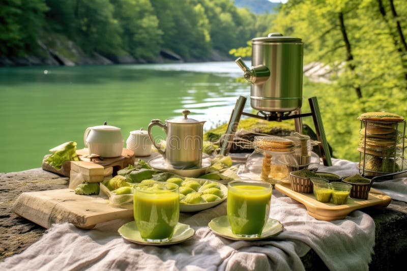 Matcha Tea Brewing Process with Picnic Setup Near a River Stock ...
