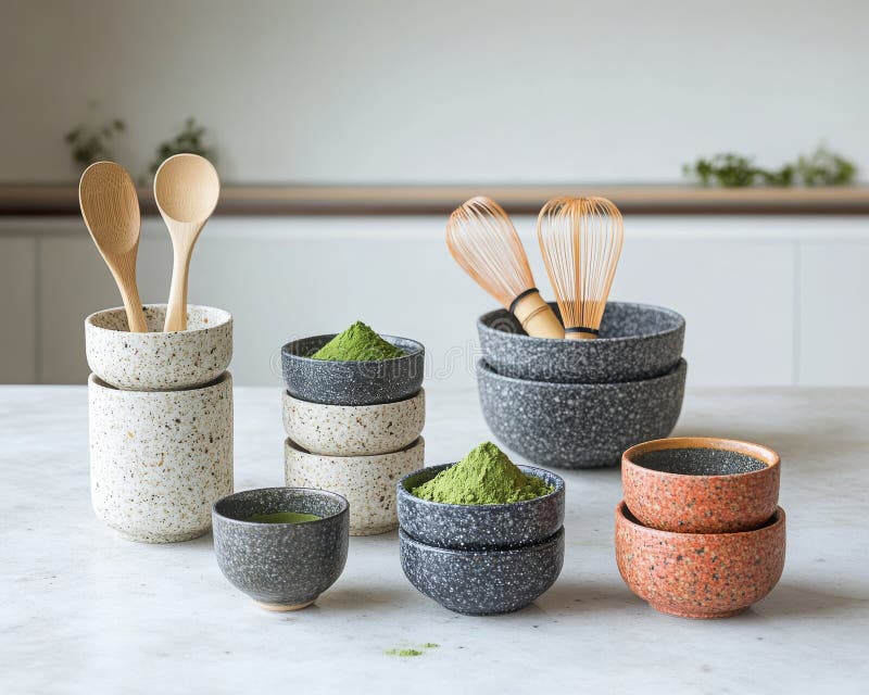 Matcha Tea Ceremony Set with Vibrant Components Including Bowls, Whisk ...