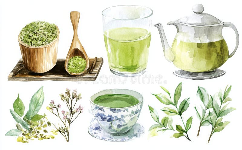 Matcha Tea Elements, Including Powder, Whisk, Leaves, and Beverages ...