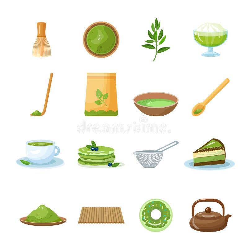 Matcha Tea Icons Set Cartoon Vector. Tea Powder Stock Vector ...