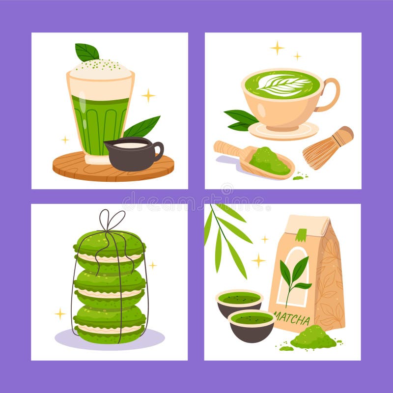 Matcha Tea Illustrations in Flat Design Set Stock Illustration ...