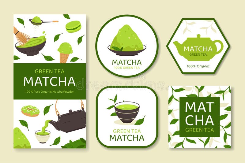 Matcha Tea Labels in Flat Design Stock Illustration - Illustration of ...