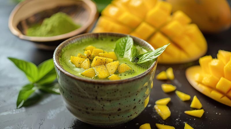 Matcha Tea and Mango Fruit. Generative AI Stock Photo - Image of drinks ...