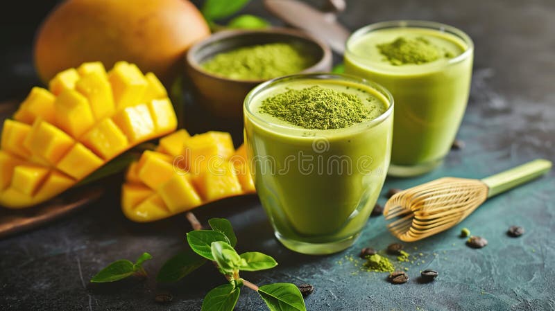 Matcha Tea and Mango Fruit. Generative AI Stock Illustration ...