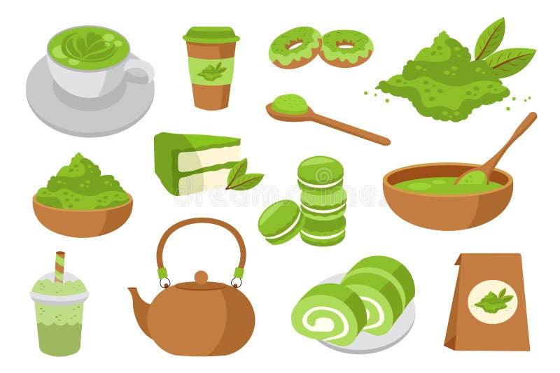 Matcha Tea Mega Set in Flat Cartoon Design. Vector Illustration Stock ...