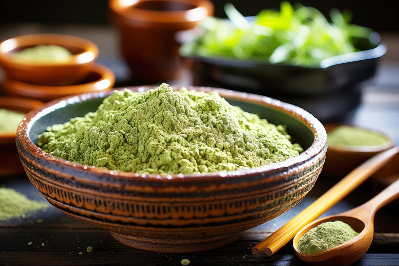 Matcha Tea Powder in a Bowl Close Up Stock Illustration - Illustration ...