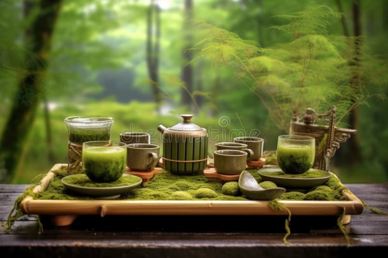 Matcha Tea Set Arranged on a Wooden Tray with Nature Backdrop Stock ...