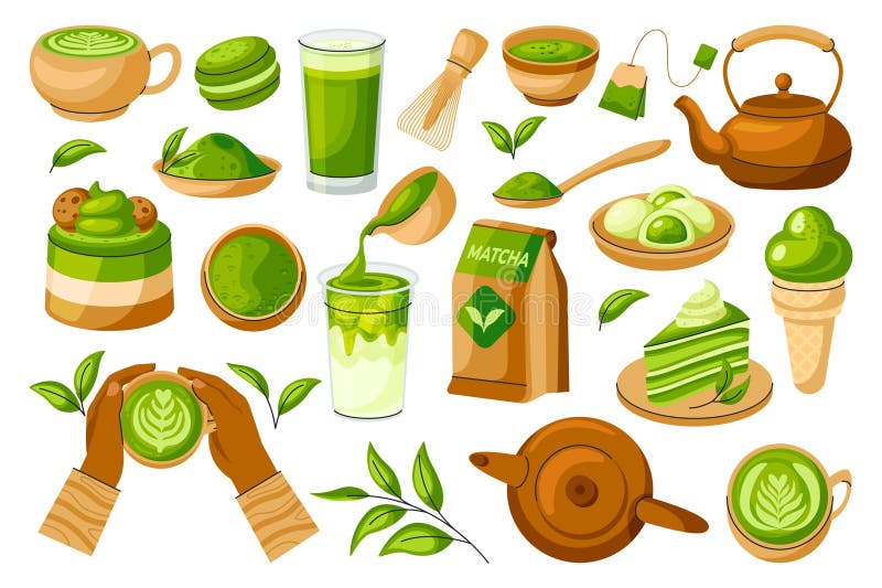 Matcha Tea Set in Flat Design Stock Illustration - Illustration of ...