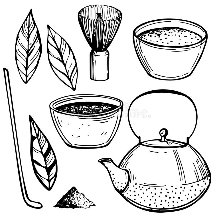 Matcha Tea Set. Sketch Illustration Stock Vector - Illustration of ...