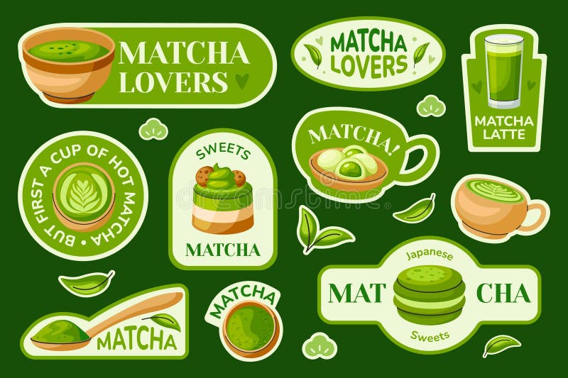Matcha Tea Stickers in Flat Design Stock Illustration - Illustration of ...