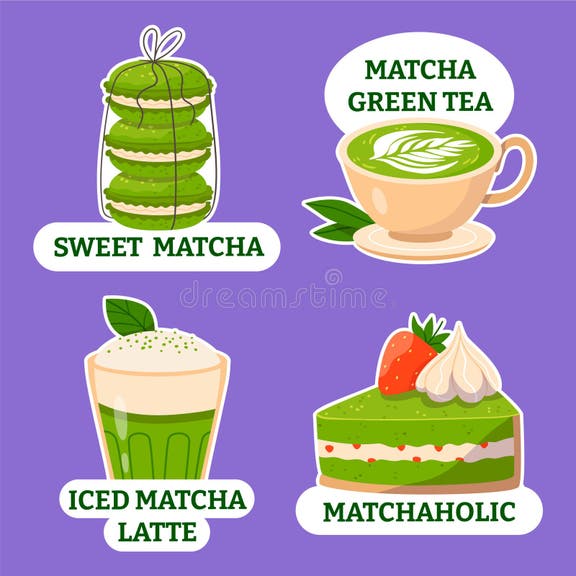 Matcha Tea Stickers in Flat Design Stock Illustration - Illustration of ...
