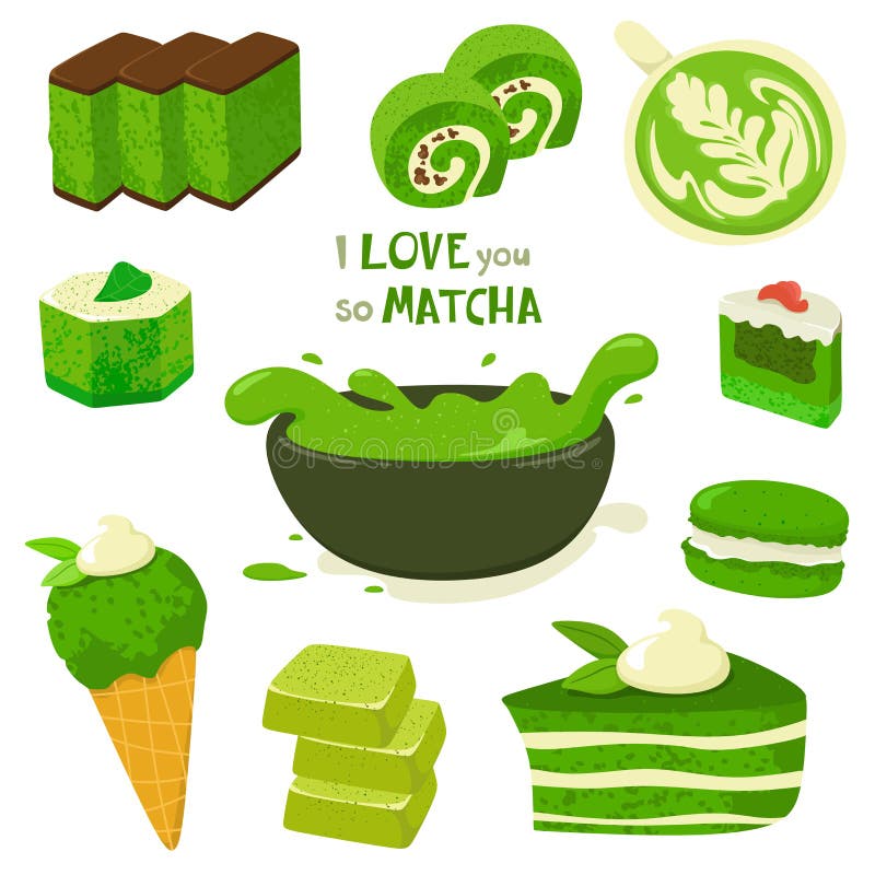 Variants of Sweets from Matcha Tea. Vector Isolates with Handwritten ...
