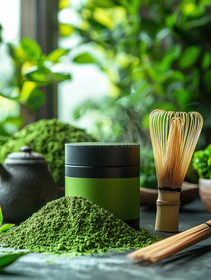 Matcha Tea with Whisk and Teapot in Lush Green Setting. Generative AI ...