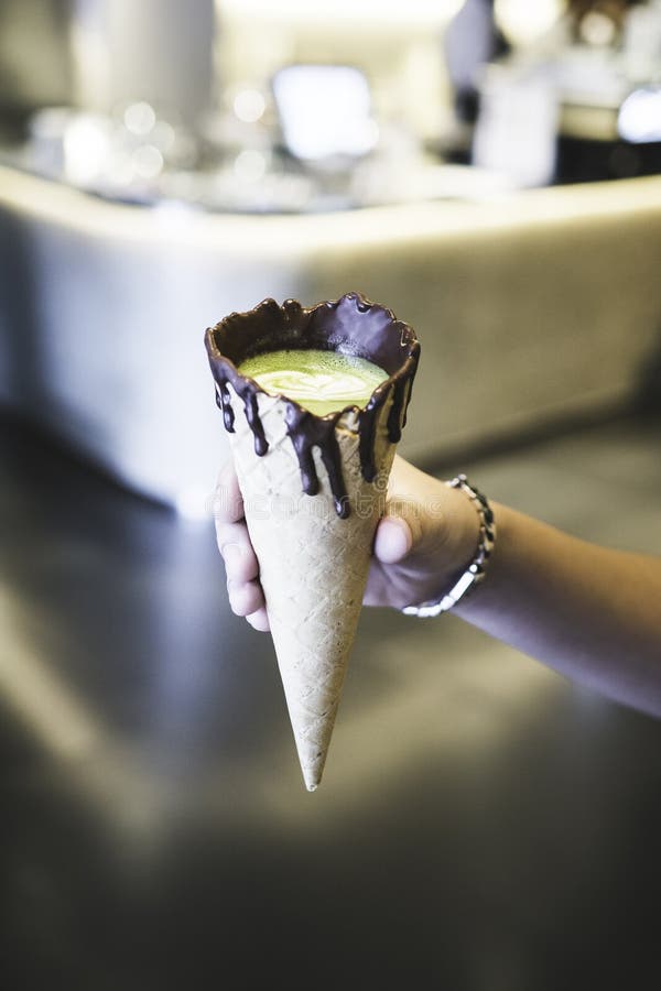 Matcha in waffle cone. stock image. Image of breakfast - 128950769