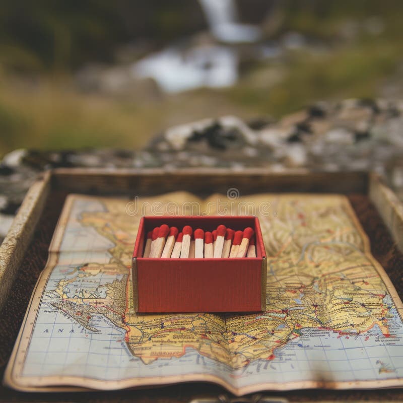 Matchbox on an Old Map in Nature Setting Stock Image - Image of rustic ...