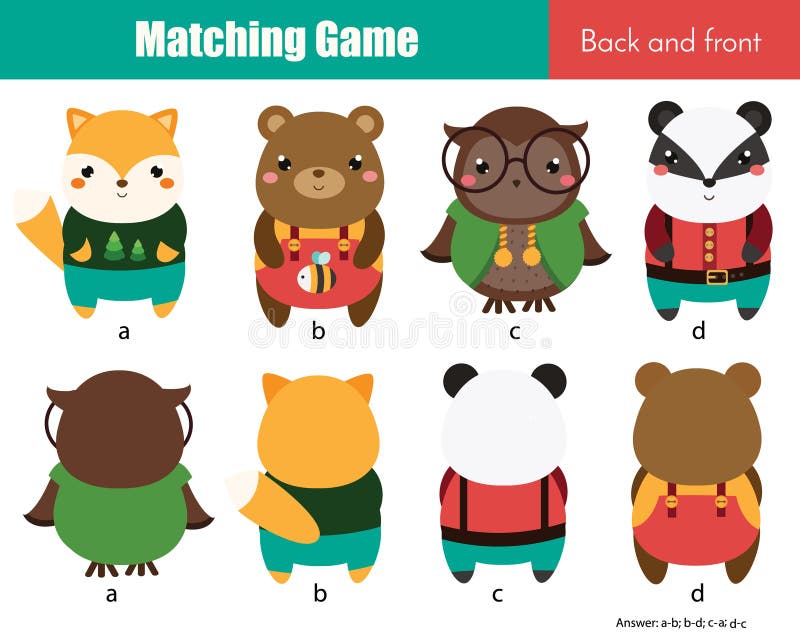 Matching Children Educational Game. Match Back and Front. Cute Animals ...