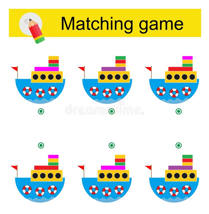 Matching Game for Kids. Find the Correct Color of Cartoon Ship and ...
