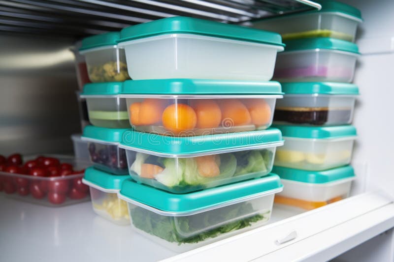 Matching Lunchboxes in a Work Fridge Stock Photo - Image of storage ...