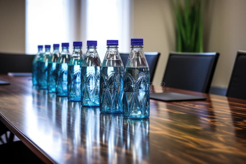 Matching Water Bottles on a Conference Table Stock Image - Image of ...